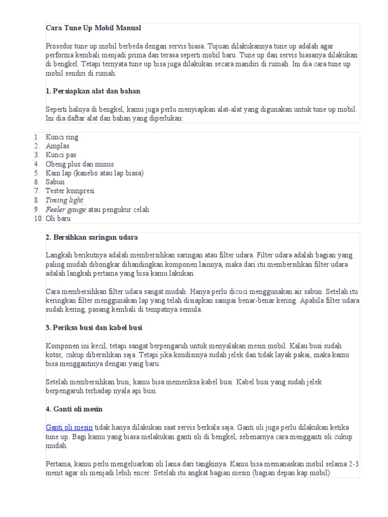 Cara Tune Up Mobil Manual | PDF