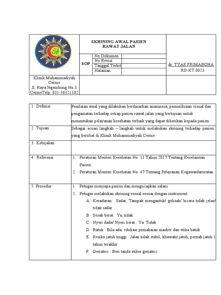 Sop Skrining Pasien Rawat Jalan | PDF | Kesehatan Holistik | Sains & Matematika