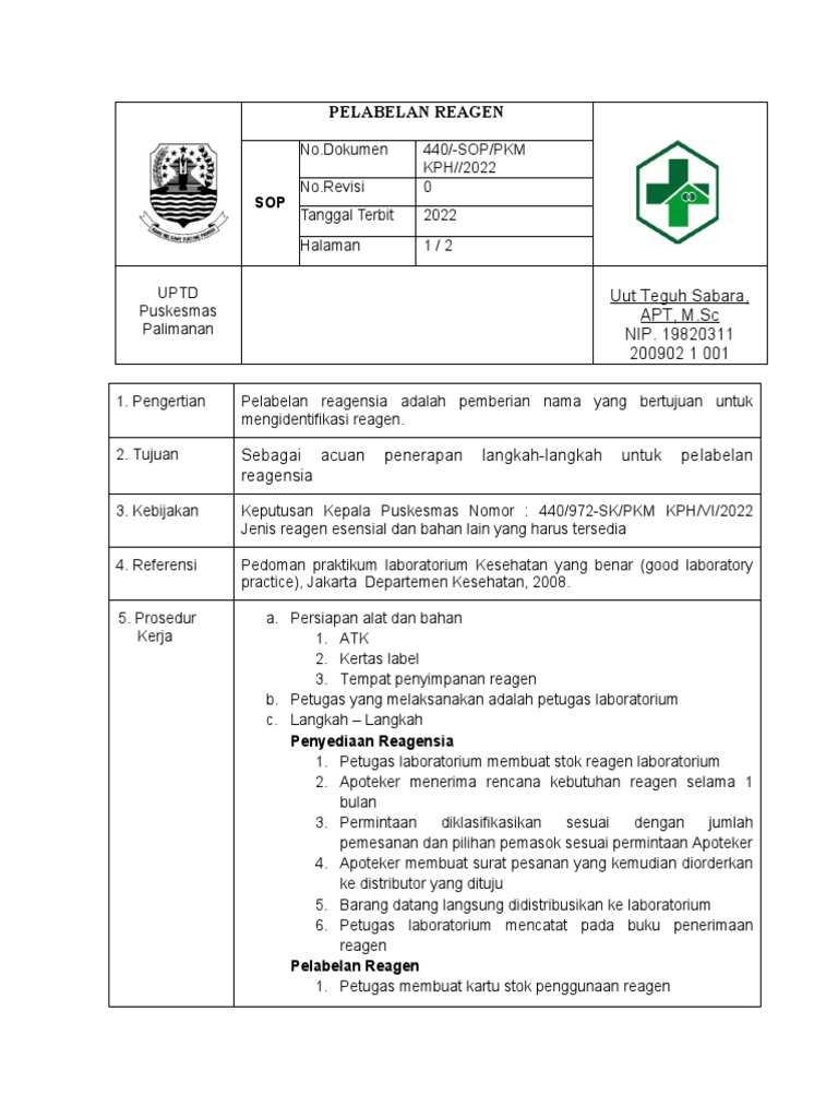 8.1.5.5 SOP Penyediaan Reagensia Dan Pelabelan 2022 | PDF | Sains ...