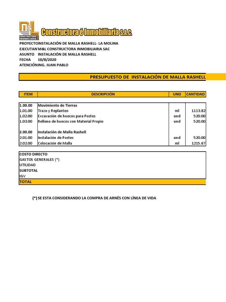 Presupuesto de Instalación de Malla Rashell | PDF | Dinero | Sector privado