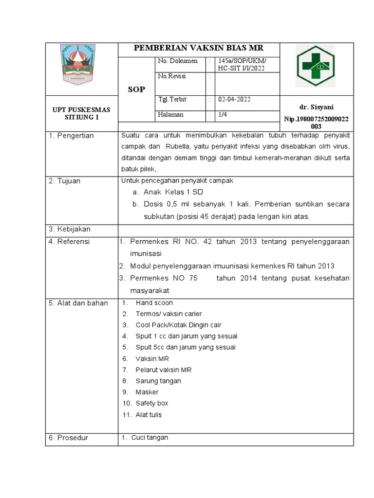 Prosedur Imunisasi Vaksin MR Kelas 1 | PDF