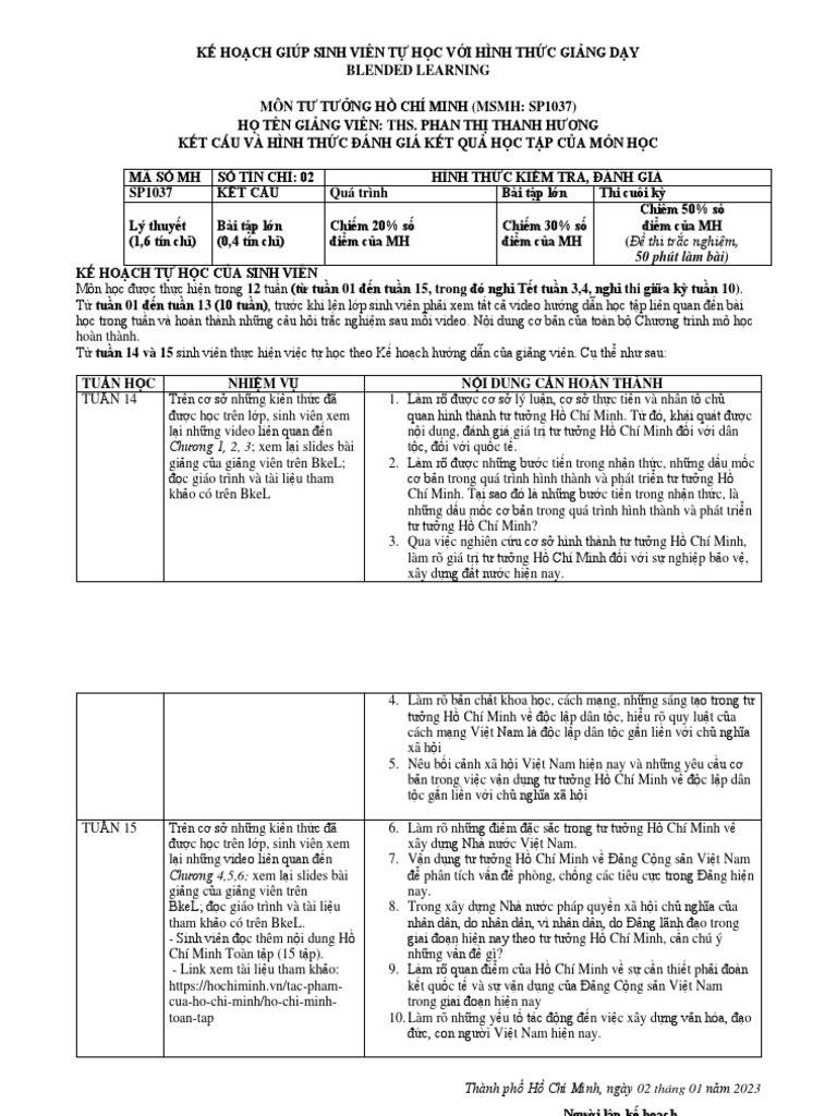 HK 222 - KẾ HOẠCH GIÚP SINH VIÊN TỰ HỌC VỚI HÌNH THỨC GIẢNG DẠY | PDF