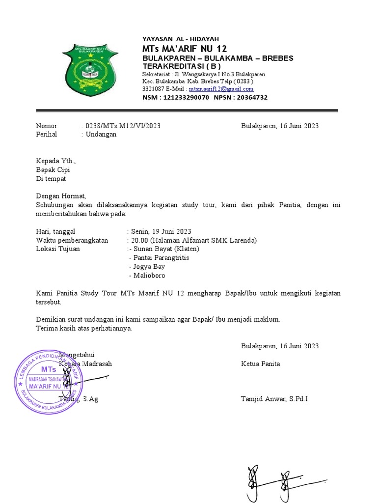 Format Surat Edaran Sekolah Study Tour | PDF