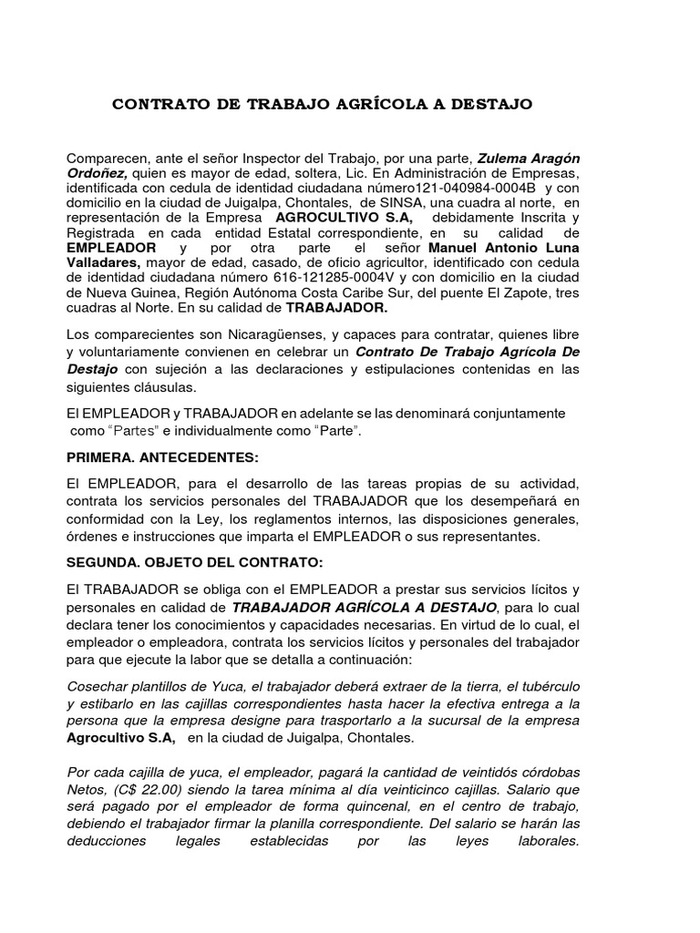 Contrato Agrícola a Destajo | PDF | Salario | Derecho laboral