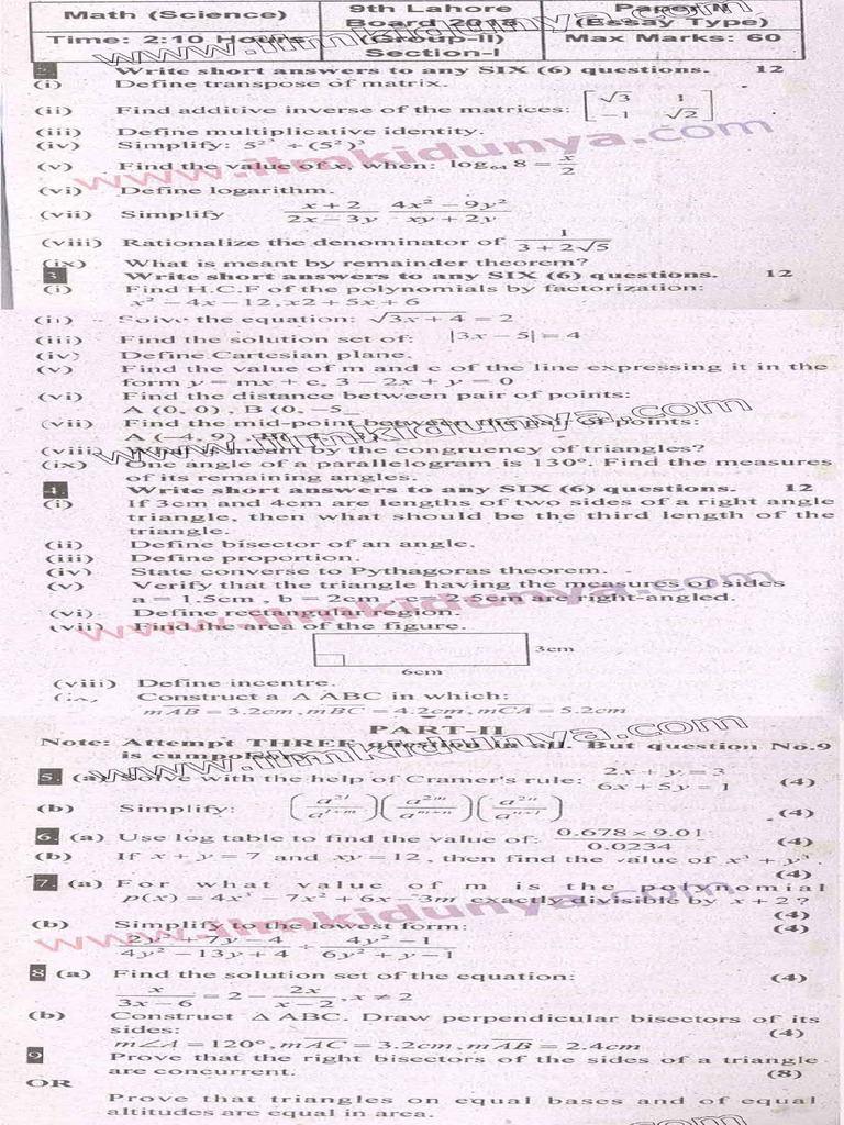 Past Papers 2018 Lahore Board 9th Class Mathematics Group II Subjective ... Past Papers 2018 Lahore Board 9th Class Mathematics Group II Subjective ...