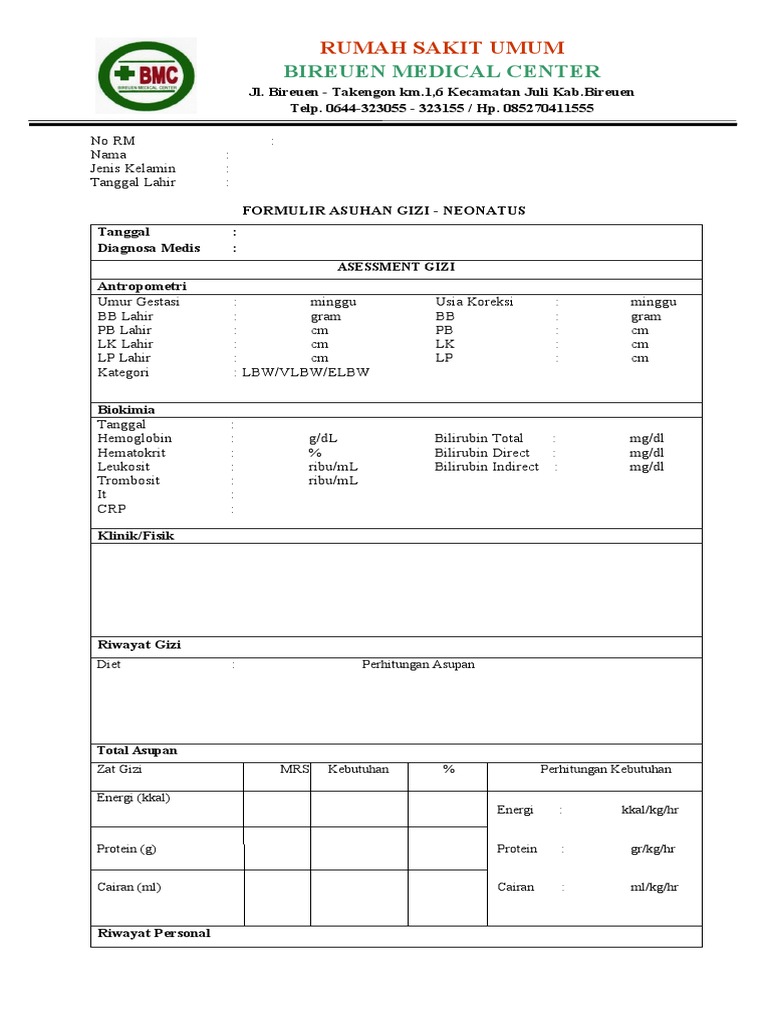 Form Asuhan Gizi Neonatus Rsu BMC | PDF