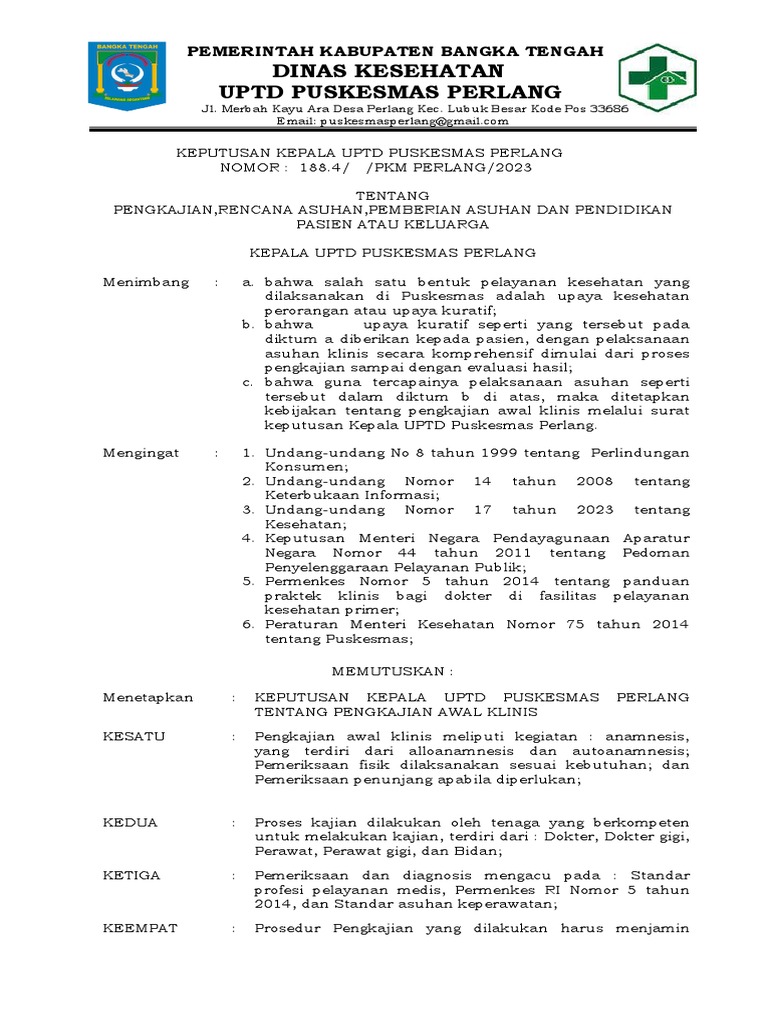 SK Pelayanan Klinis Tentang Pengkajian, Rencana Asuhan, Pemberian Asuhan Dan Pendidikan Pasien ...
