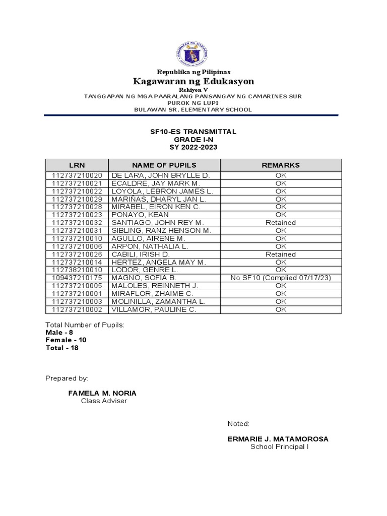 SF10 Transmittal | PDF