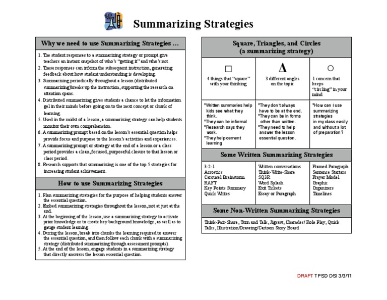 Summarizing Strategies | PDF | Reading Comprehension | Communication
