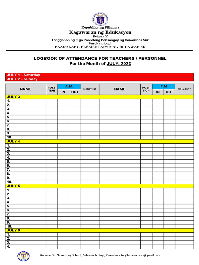Teacher Attendance Log July 2023 | PDF