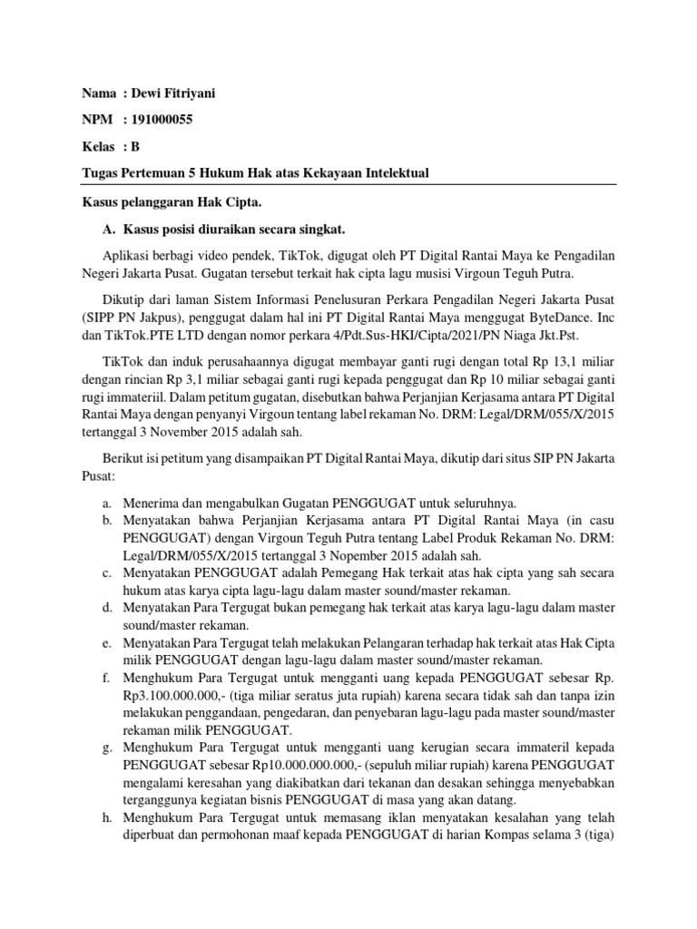 Tugas Pertemuan 5 HAKI, Dewi Fitriyani 191000055 Kls B | PDF