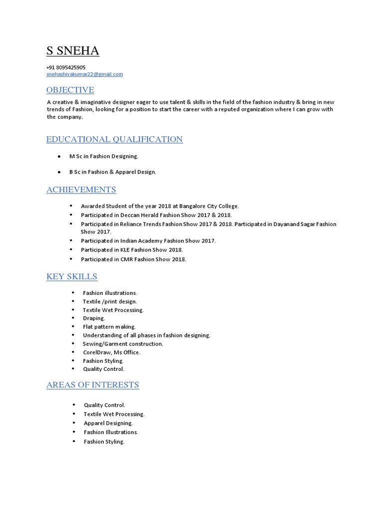 S Sneha Resume Pdf 