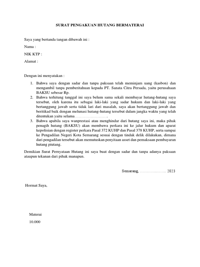 Surat Pengakuan Hutang (SPH) | PDF