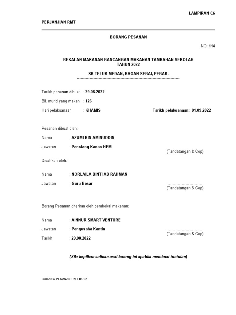 Borang Pesanan RMT Minggu 1 | PDF | Pengelolaan Keuangan & Uang