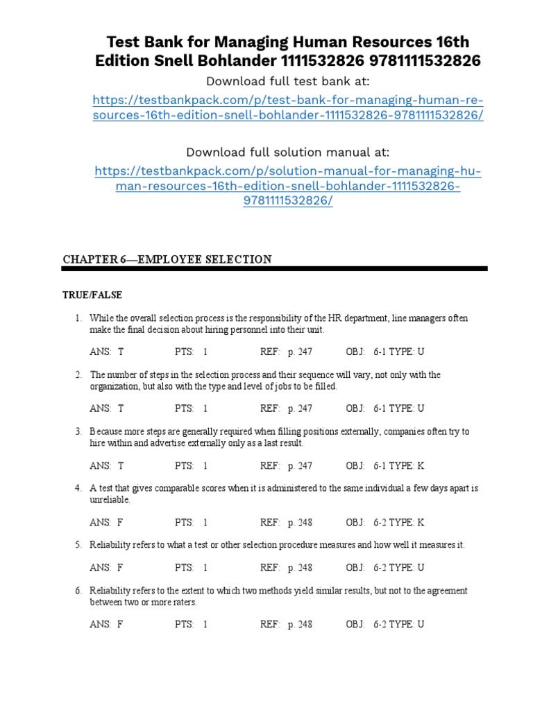 Managing Human Resources 16th Edition Snell Test Bank Download | PDF