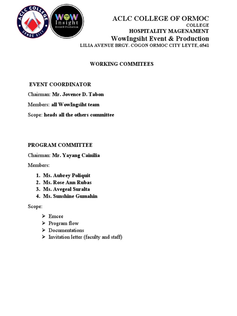 WORKING COMMITEES WowInsight Event & Production | PDF