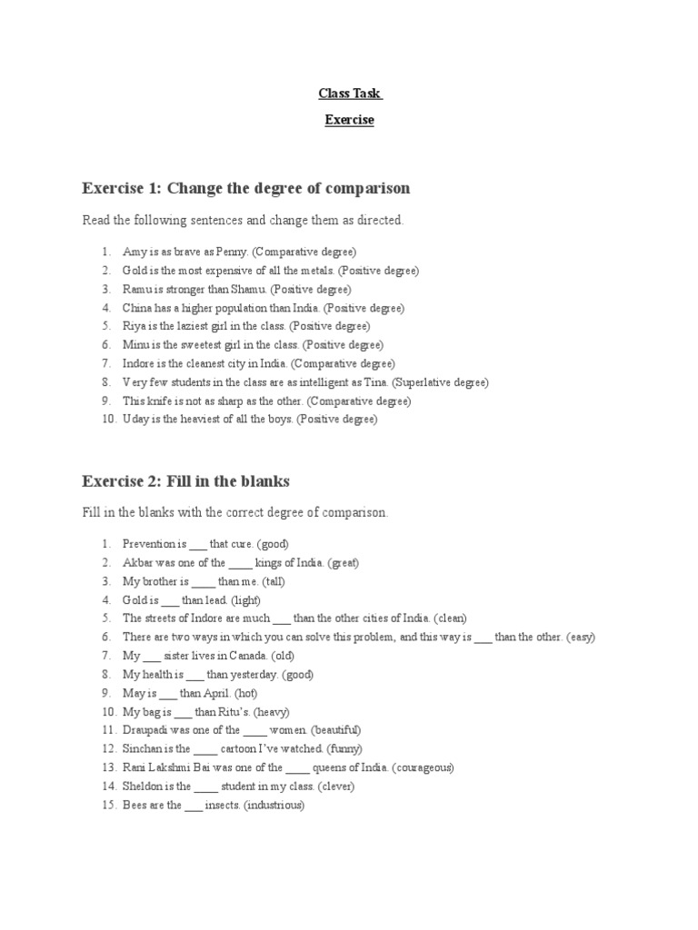 Class Task On Degree of Comparison | PDF