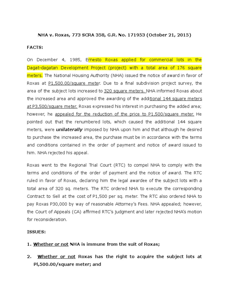 NHA V Roxas | PDF | Private Law | Public Law