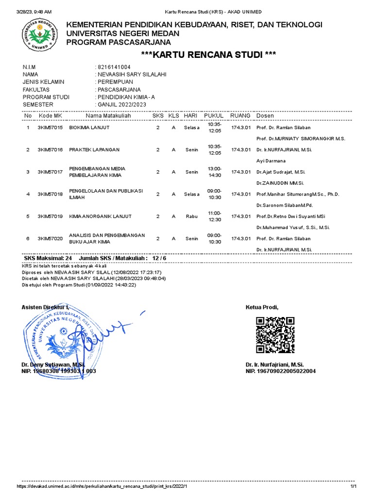 Kartu Rencana Studi (KRS) - AKAD UNIMED | PDF