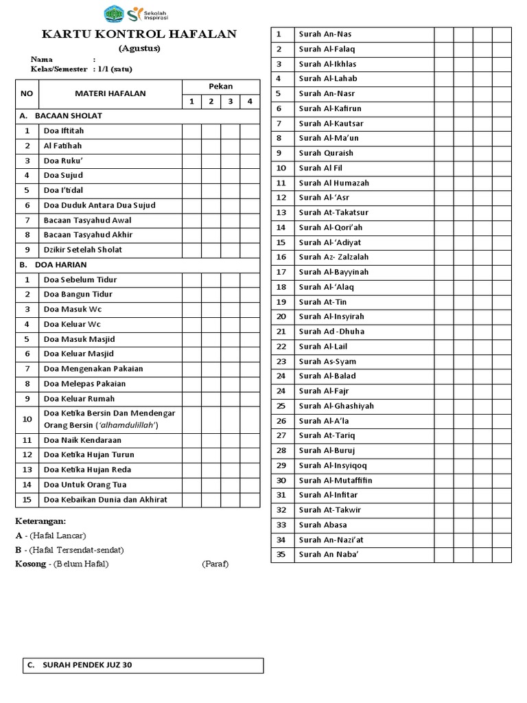 Kartu Kontrol Hafalan | PDF