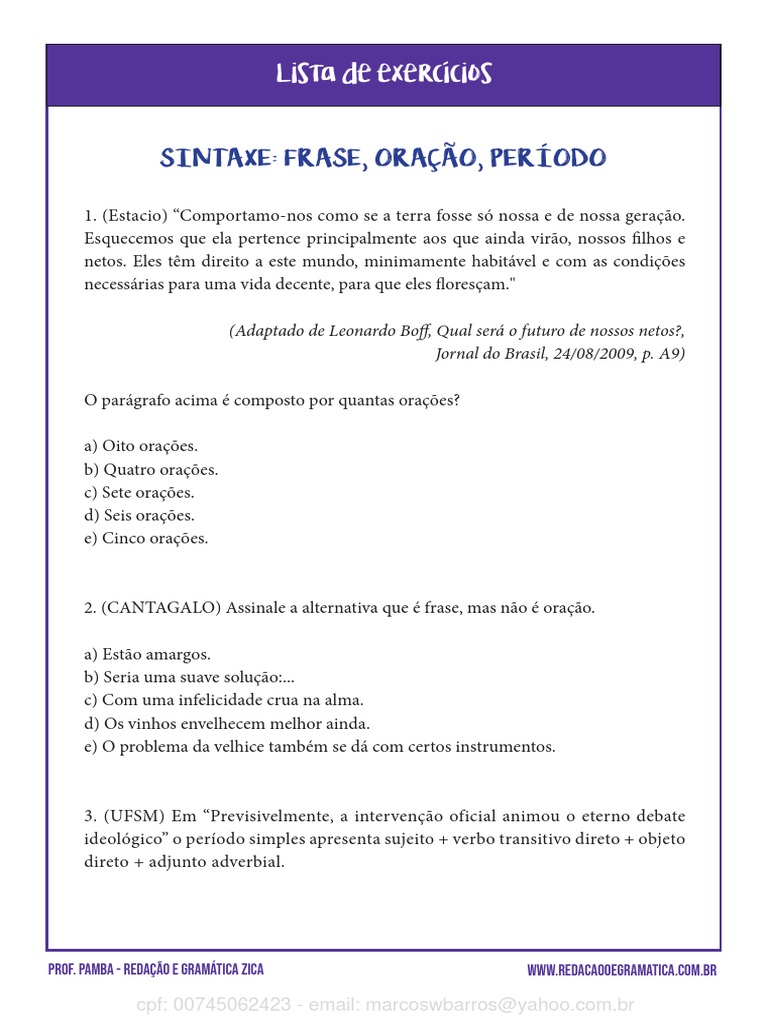 Frase, Oração e Período - Lista Extra de Exercícios | PDF