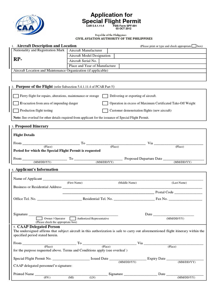 CAAP Application For Special Flight Permit | Download Free PDF | Aircraft | Aeronautics