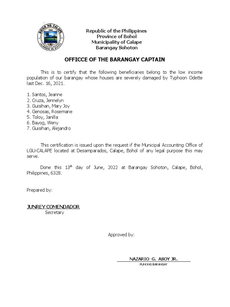Certification of Typhoon Odette Damage | PDF | Law | Wellness