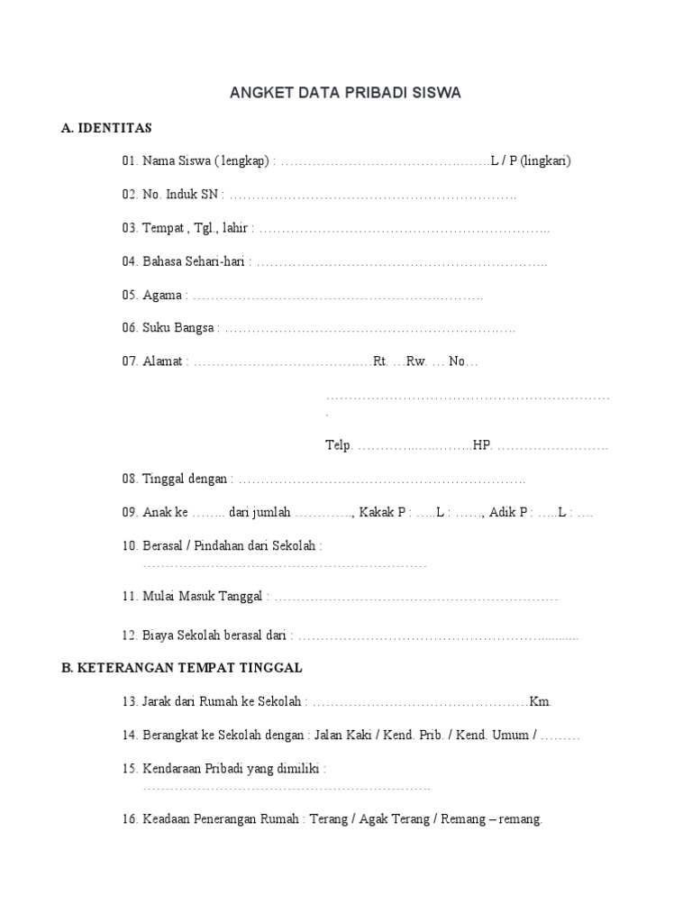 Angket Data Pribadi Siswa | PDF