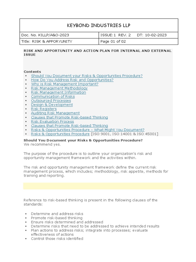 Risk and Apportunity and Action Plan For Internal and External Issue ...