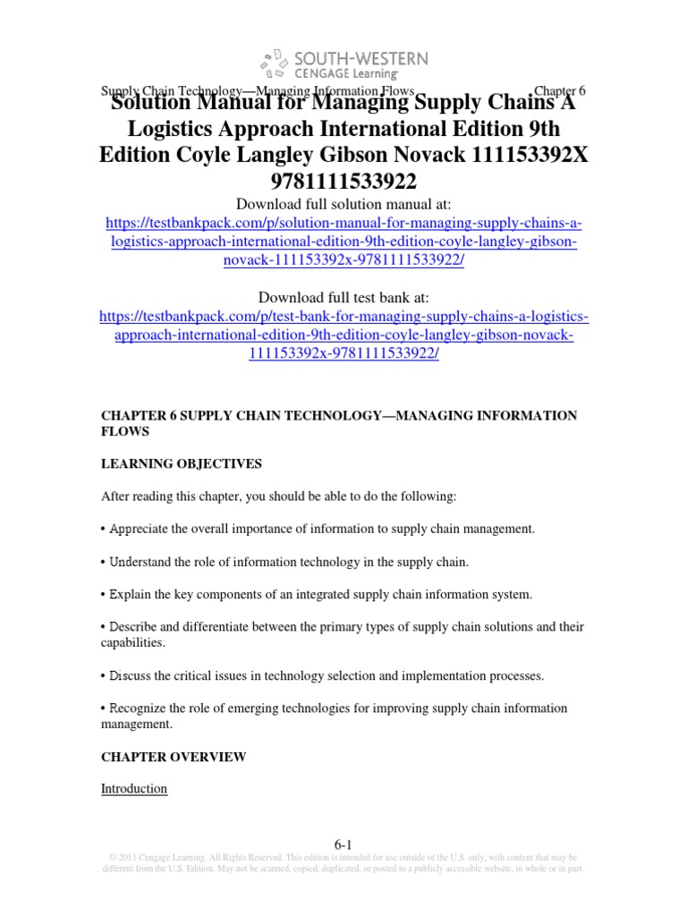 Managing Supply Chains A Logistics Approach International Edition 9th Edition Coyle Solutions ...