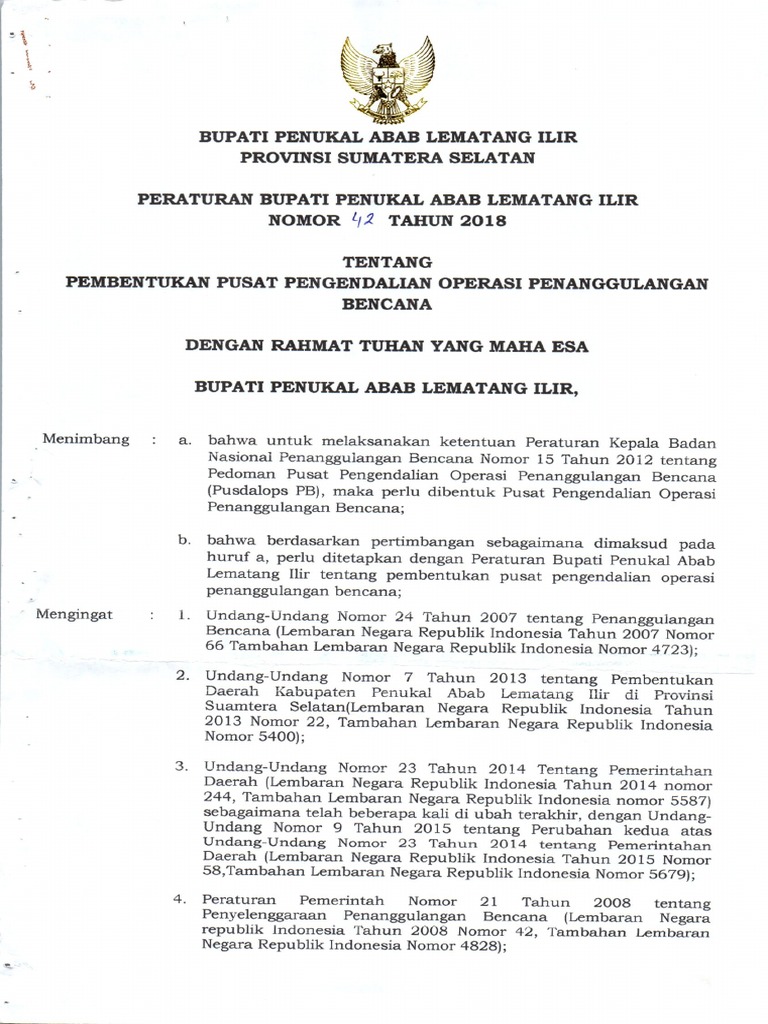 PERBUP NOMOR 42 TAHUN 2018 Tentang Pembentukan Pusdalop | PDF