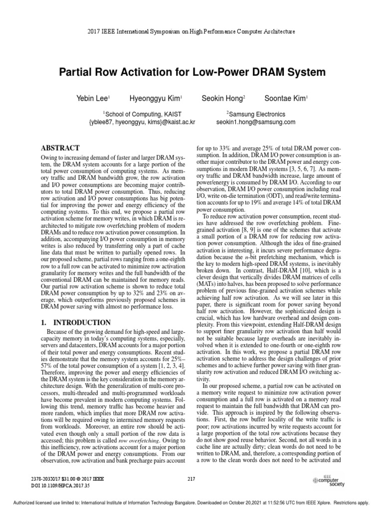 Partial Row Activation For Low Power Dram System Pdf
