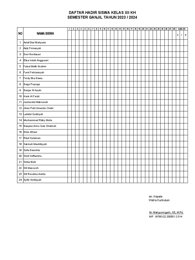 Daftar Hadir Siswa 2024 Pdf