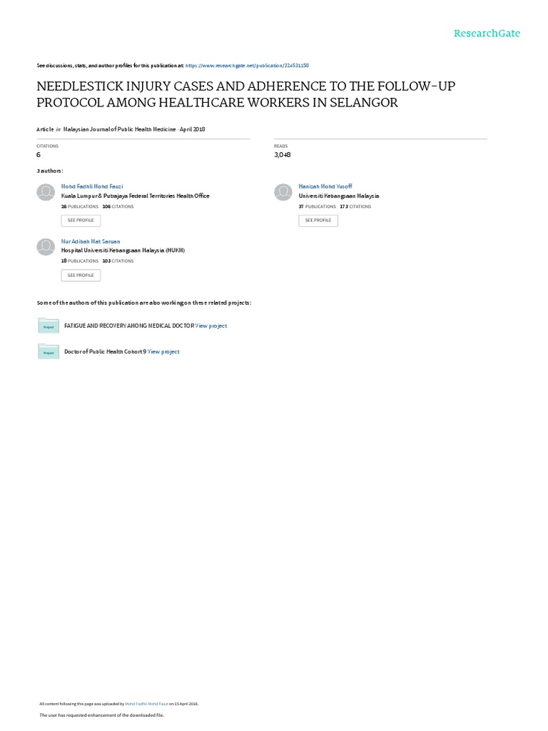 Needlestick Injury Cases and Adherence To The Follow-Up Protocol Among ...