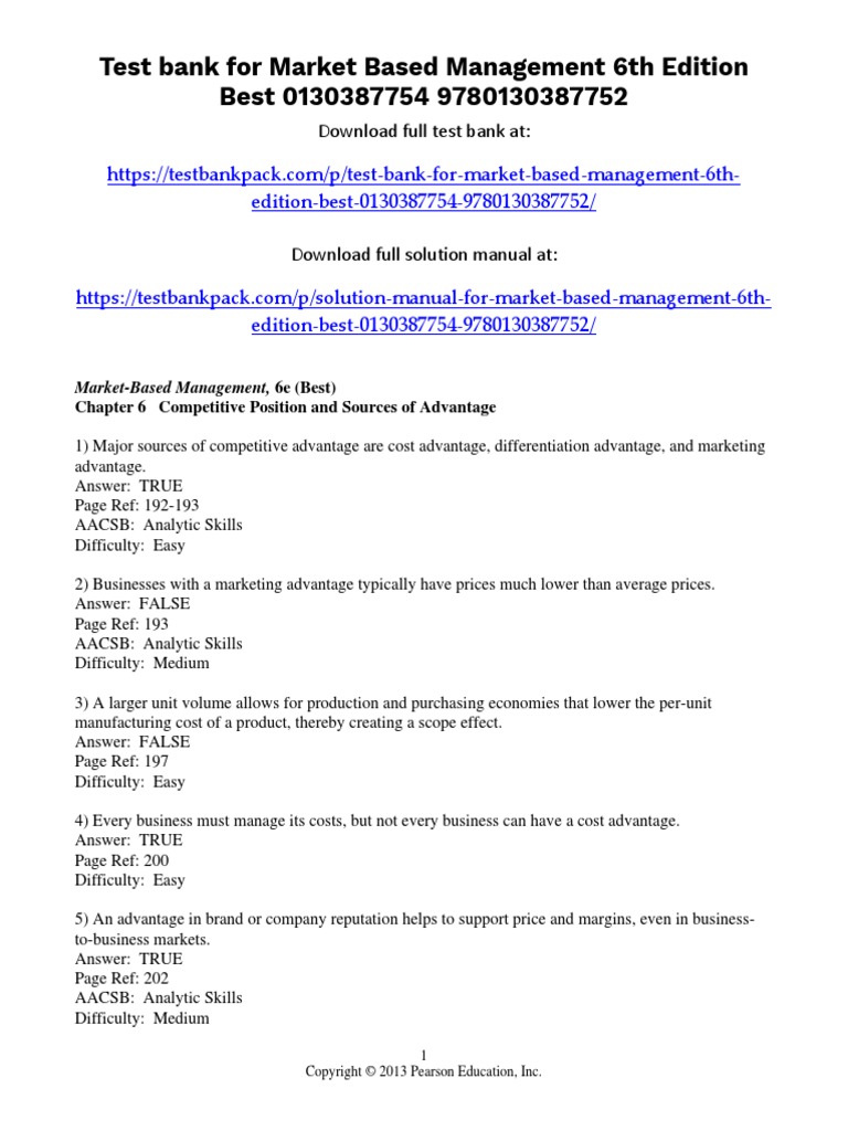 Market-Based Management 6th Edition Roger Best Test Bank Download | PDF