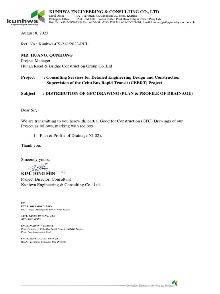 Kunhwa-CS-218 2023-PHL - DISTRIBUTION OF GFC DRAWING (PLAN & PROFILE OF ...