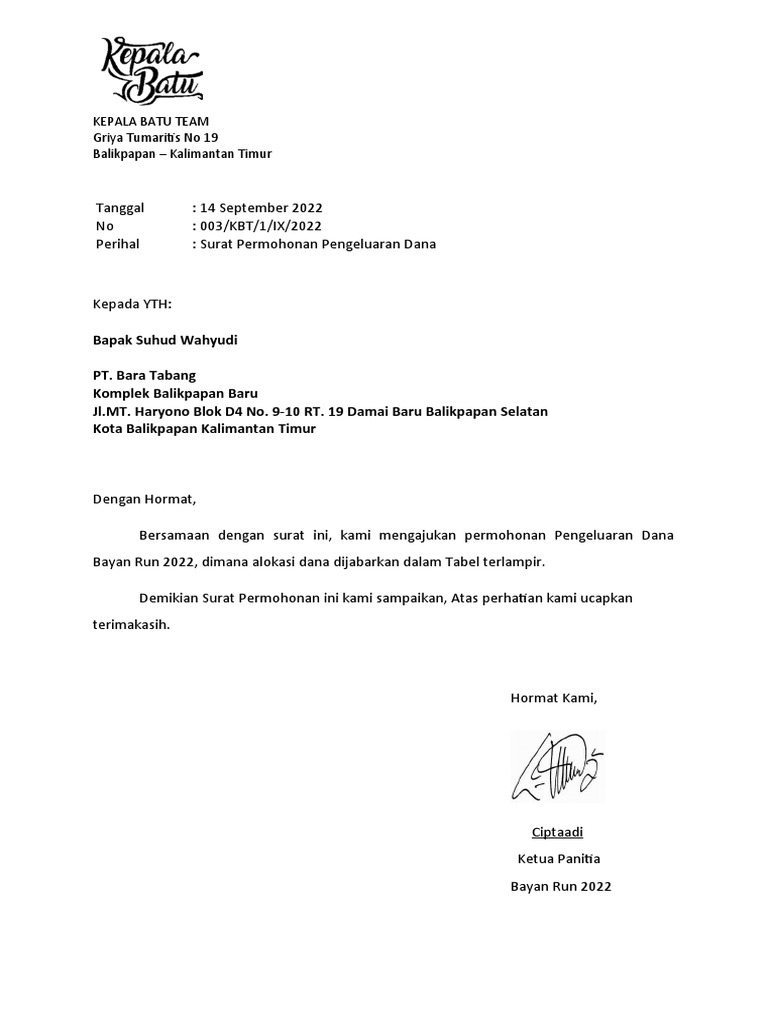 003-KBT-1-IX-2022 - Surat Permohonan Pengeluaran DANA - Bayan RUN | PDF