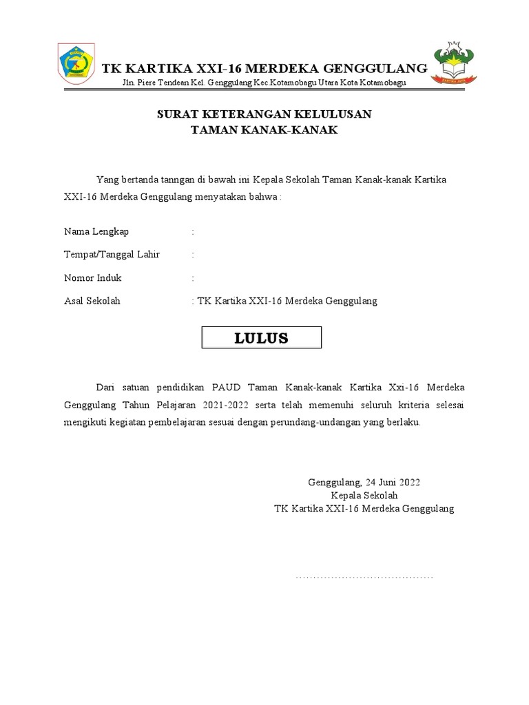 Contoh Surat Keterangan Lulus Sekolah | PDF