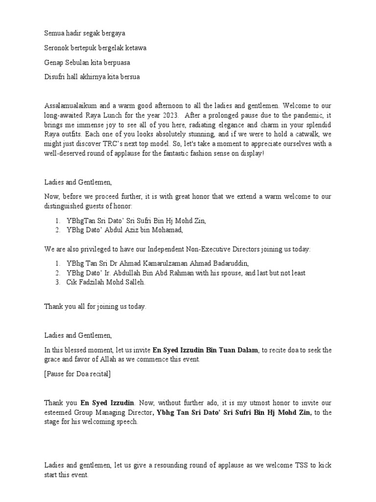 Formal Emcee Script for Hari Raya Event | PDF | Cooking, Food & Wine