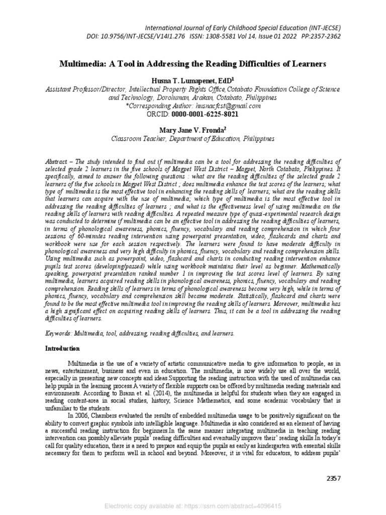 JOURNAL - Multimedia A Tool in Addressing The Reading Difficulties of ...