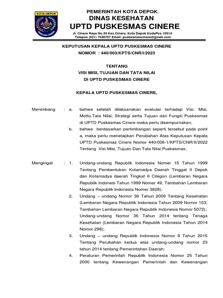 1.1.1.A - SK Visi Misi Tujuan Dan Tata Nilai 2023 - Fix | PDF