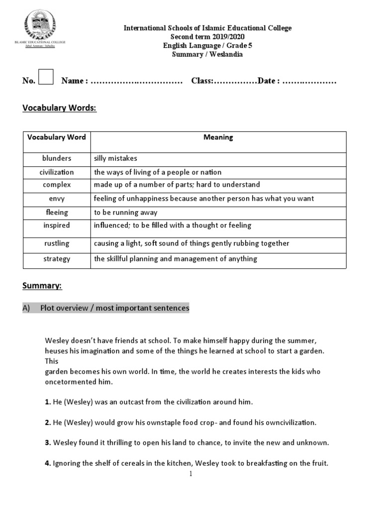 01summary 1 - Weslandia | PDF | Foreign Language Studies