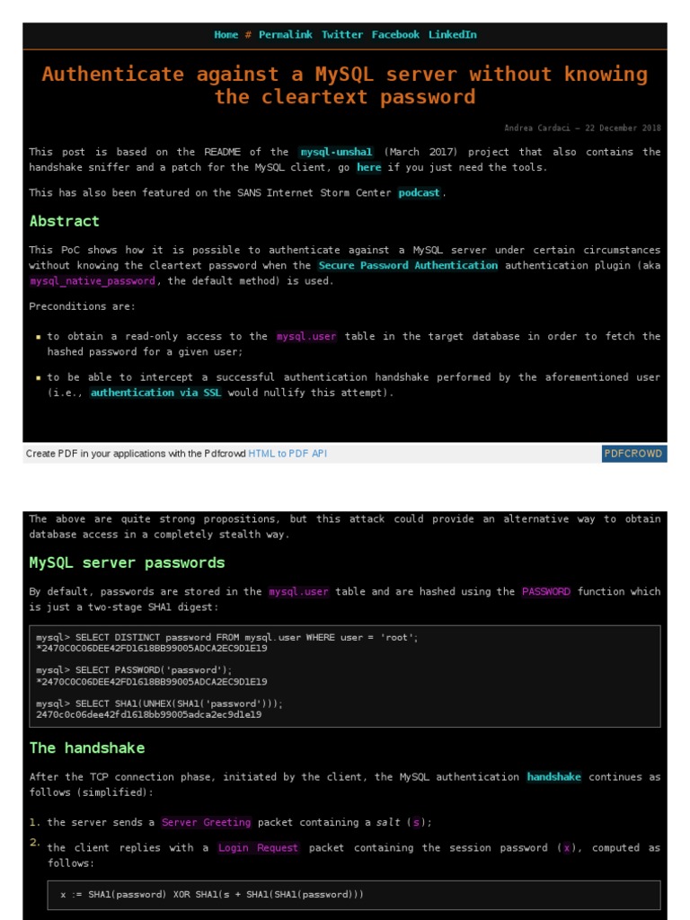 Authenticate against a MySQL server without knowing the cleartext password | PDF
