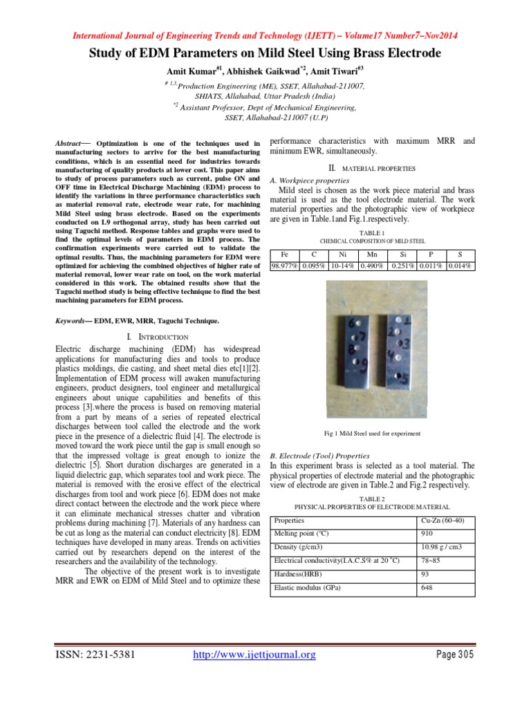 Study of EDM Parameters On Mild Steel Using Brass Electrode | PDF