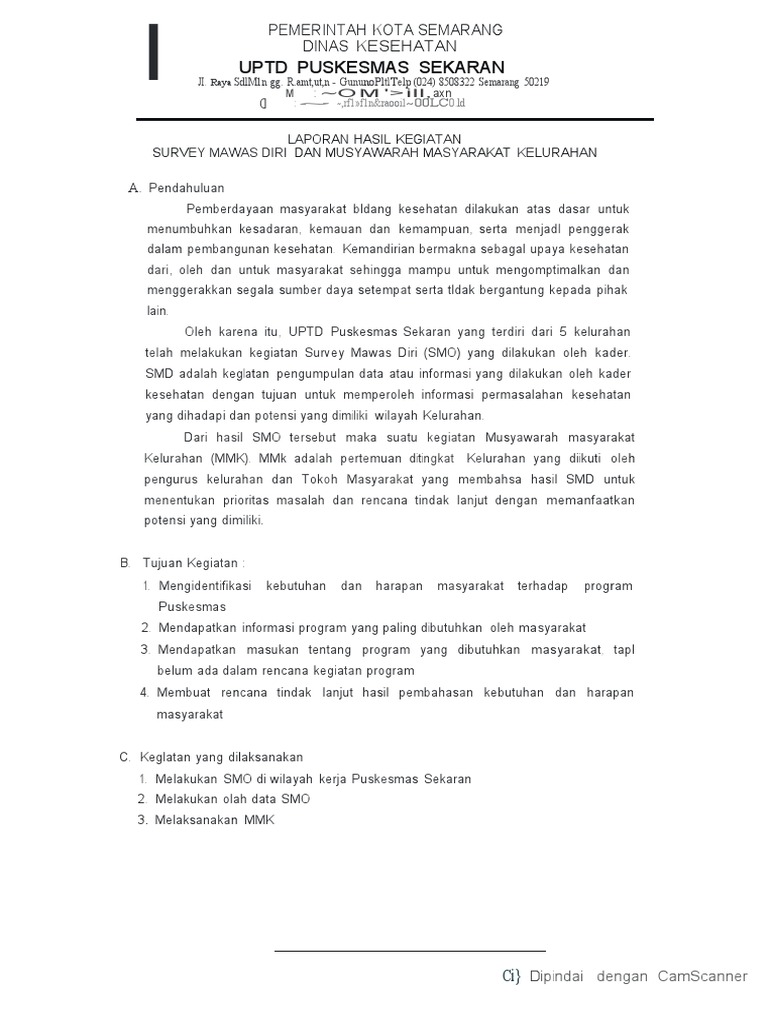 Laporan Survey Kesehatan Puskesmas Sekaran | PDF