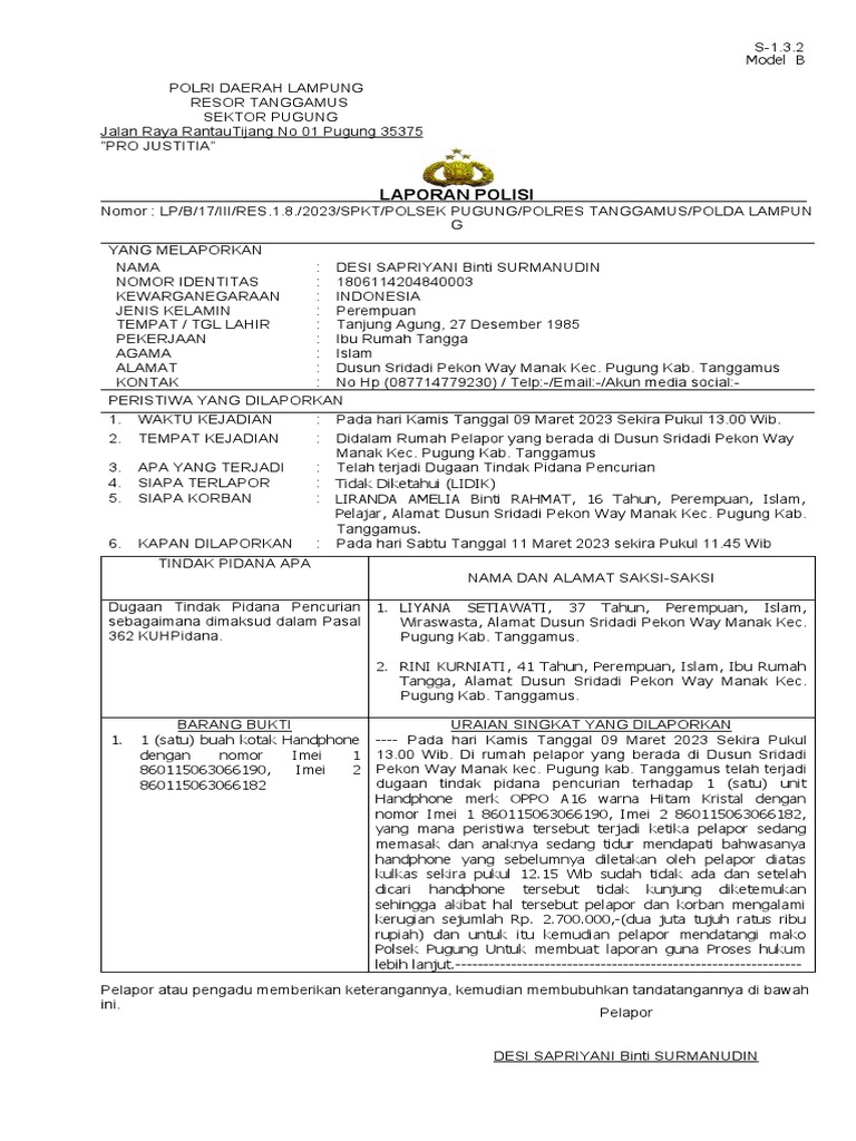 Laporan Polisi Model B | PDF