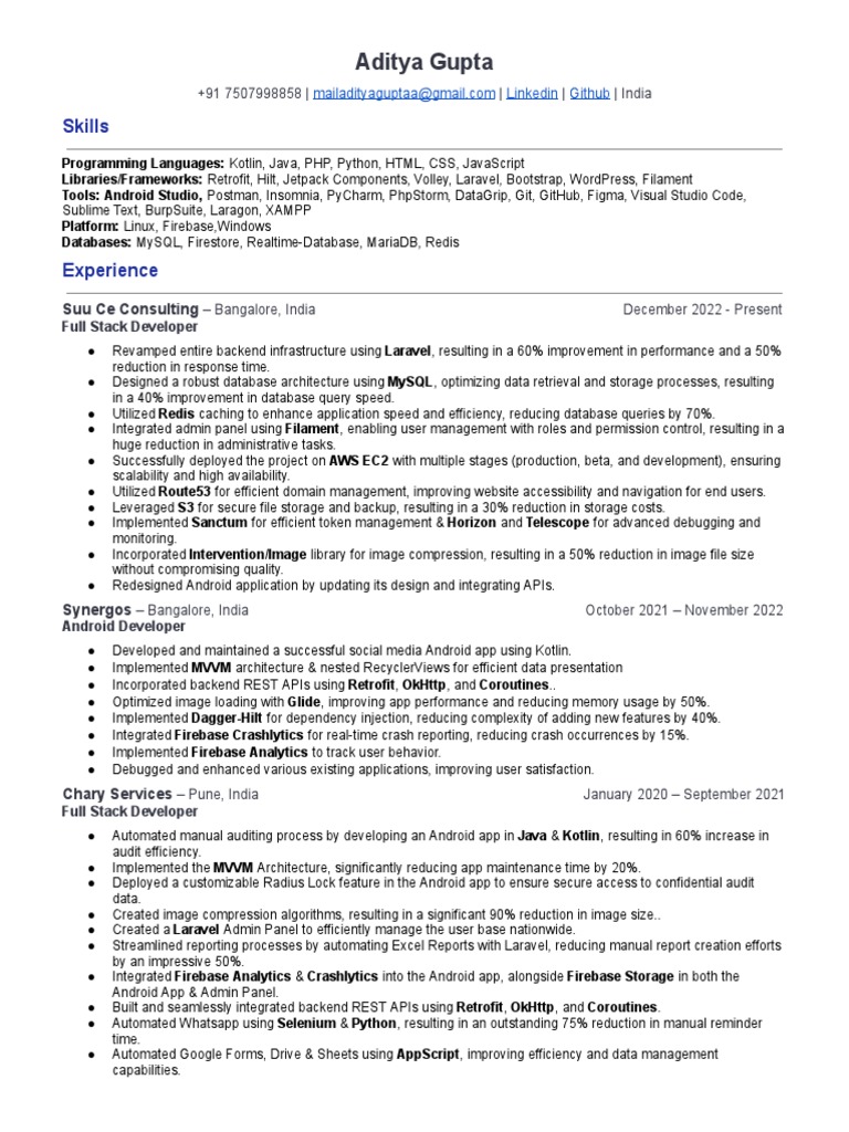 Aditya Resume v1.8 | PDF | Android (Operating System) | Databases