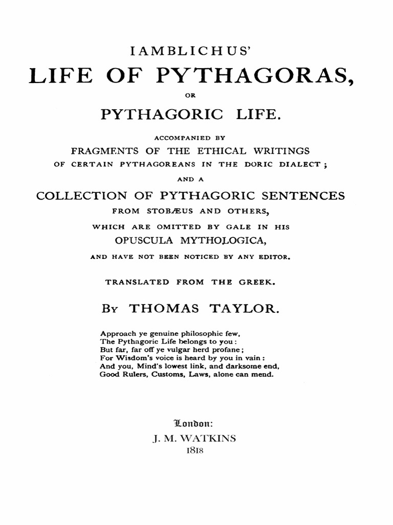 Taylor 1818 - Iamblichus' Life of Pythagoras | PDF | Pythagoras | Platonism