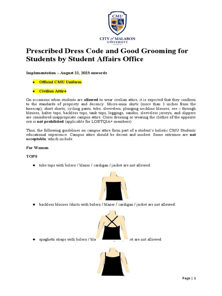 Prescribed Dress Code and Good Grooming For CMU Student by SAO | PDF ...